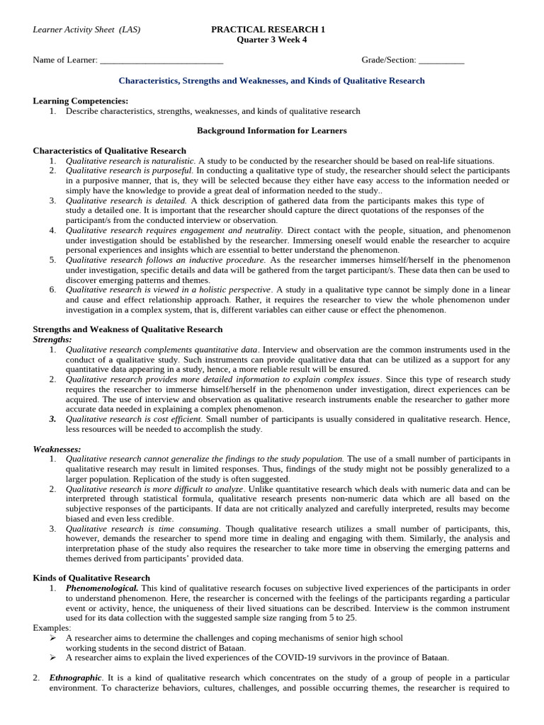 LAS Practical Research 1 Q3Wk4 | PDF | Qualitative Research ...