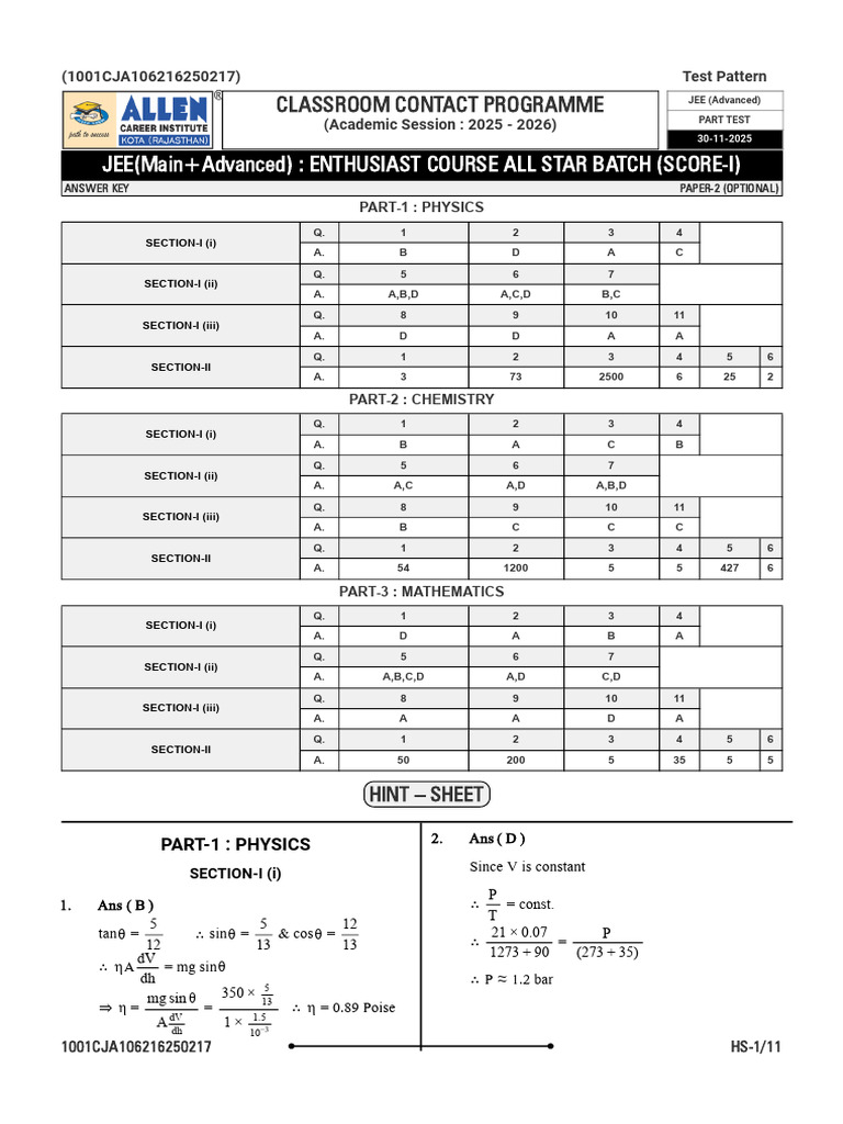 3011 Enthusiast All Star Batch Score-I Answerkey Solution P (1) | PDF