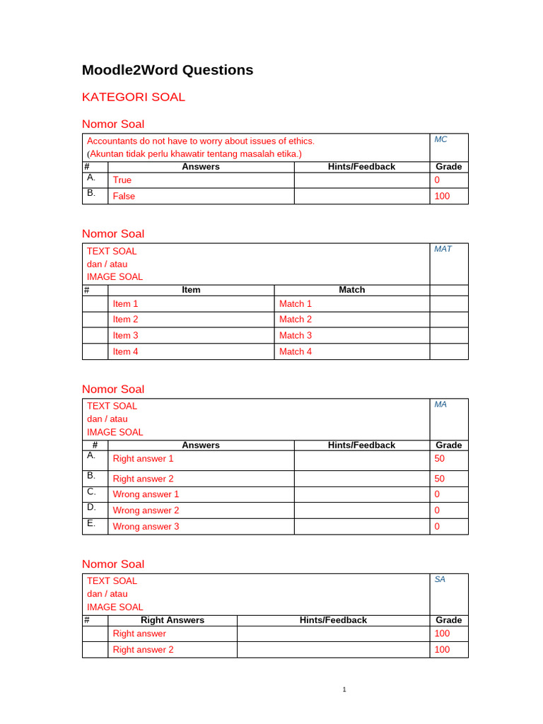 Moodle Quiz Questions Template Publish | PDF