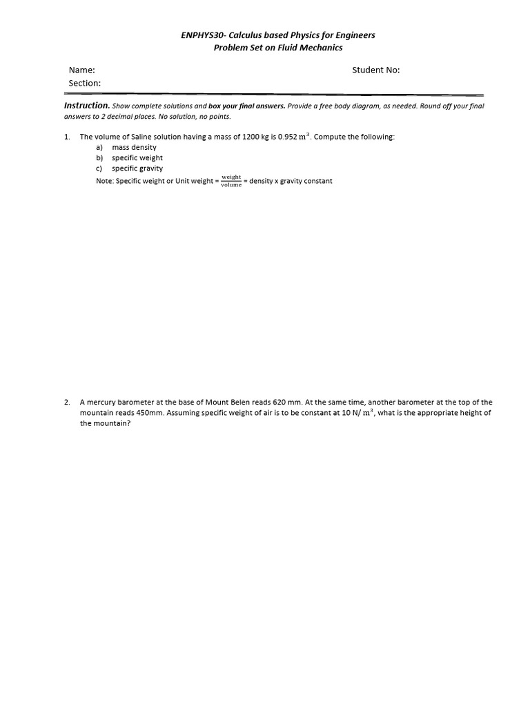 Fluid Mechanics Problem Set for Engineers | PDF