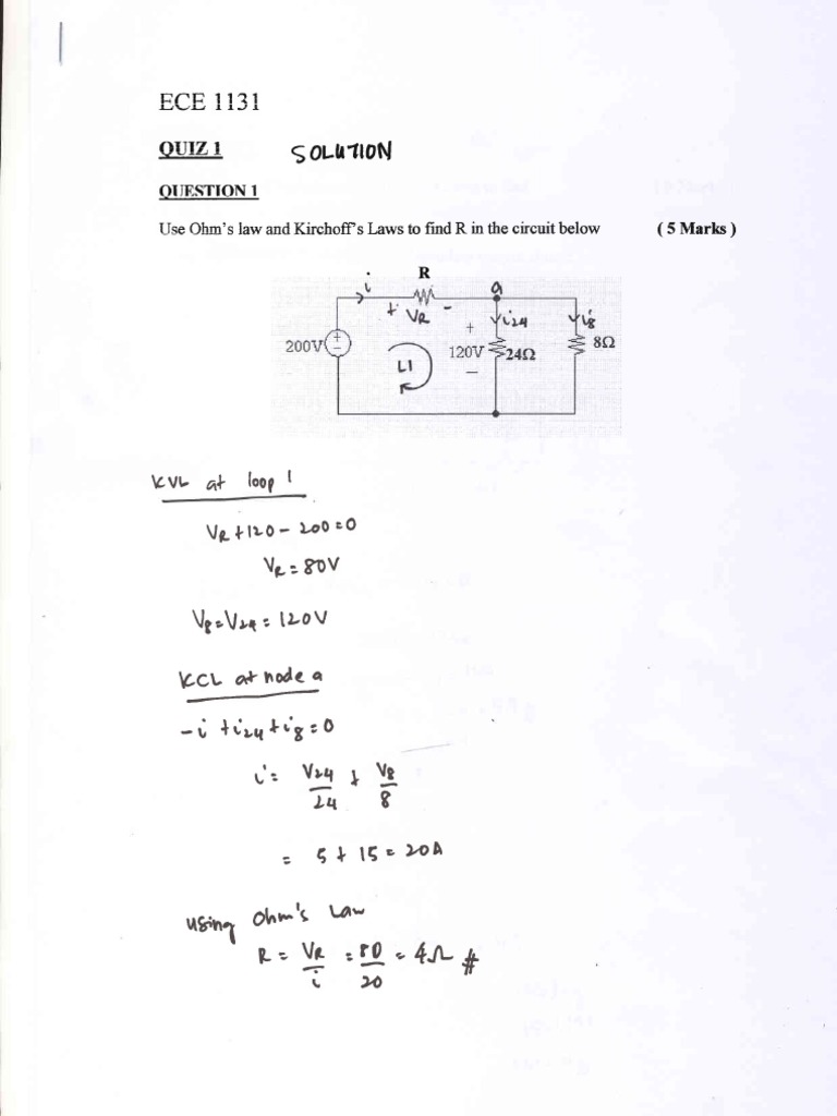 Ece 1311 Electric Circuits Quiz And Solution