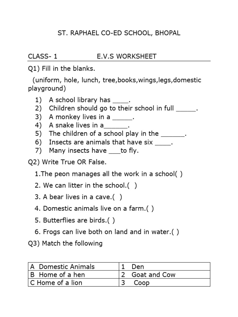 EVS Worksheet Class 1 | PDF