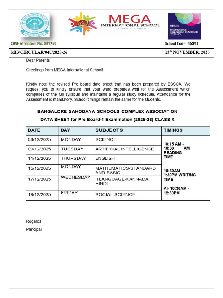 Pre Board-1 Exam Schedule Class X 2025-26 | PDF