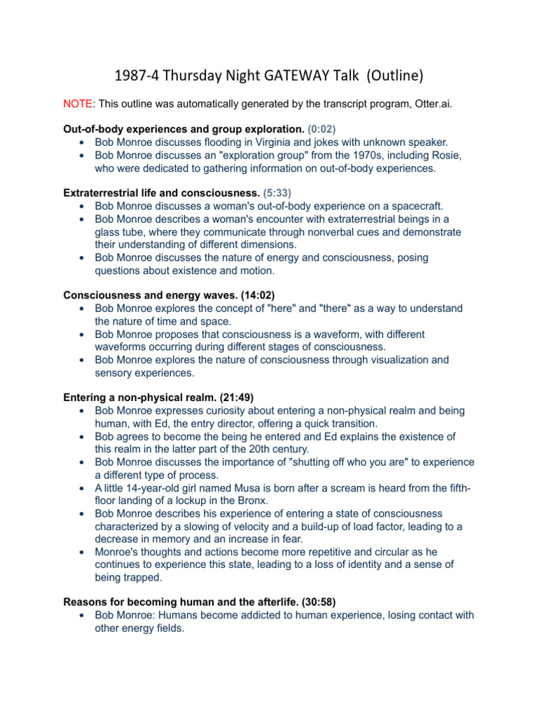 _1987-4 Thursday Night GATEWAY Talk (Outline) | PDF | Consciousness ...