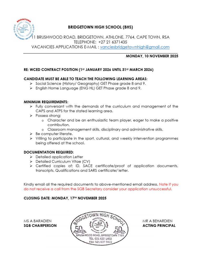 2 - WCED History Geography English HL PL1 Contract Post Term 1 - 2026 | PDF