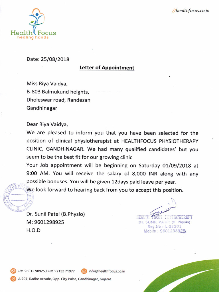 Appointment Letter for Clinical Physiotherapist | PDF