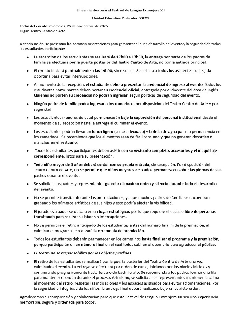 Normas para el Festival de Lengua Extranjera XII | PDF