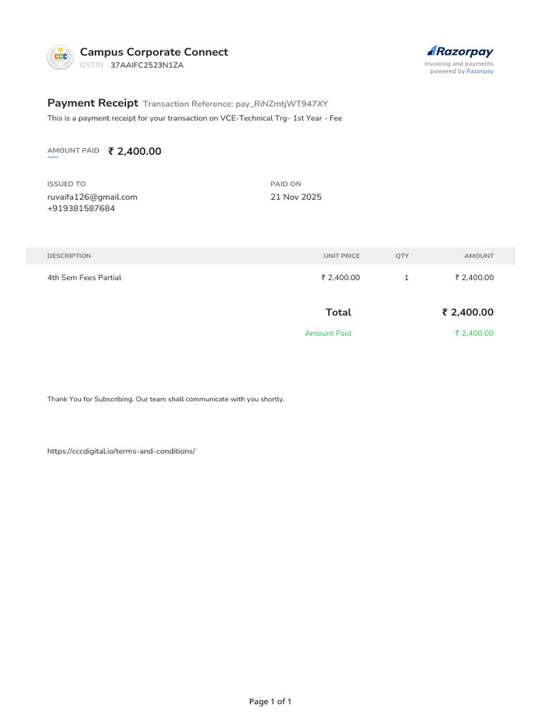 Receipt Pay - RiNZmtjWT947XY From Campus Corporate Connect (Paid) PDF | PDF