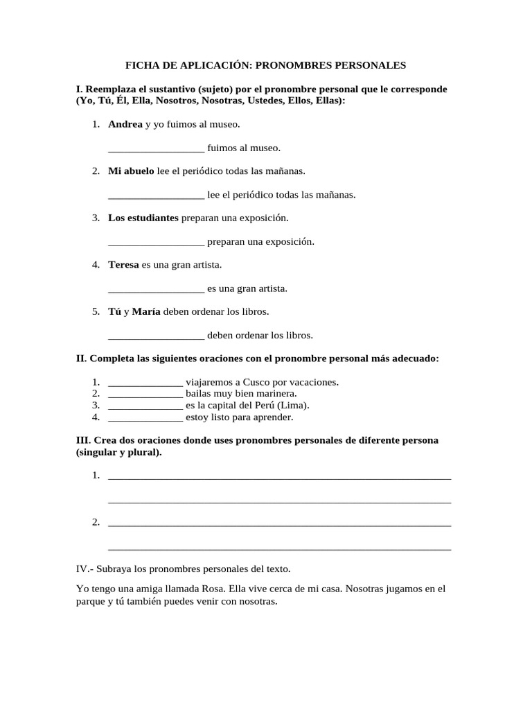 Ficha de Aplicación de Pronombres | PDF | Pronombre | Mecánica del lenguaje