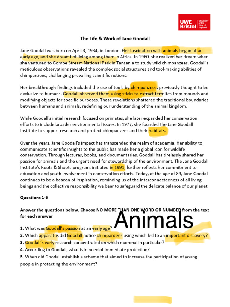 Jane Goodall: Chimpanzee Research Pioneer | PDF