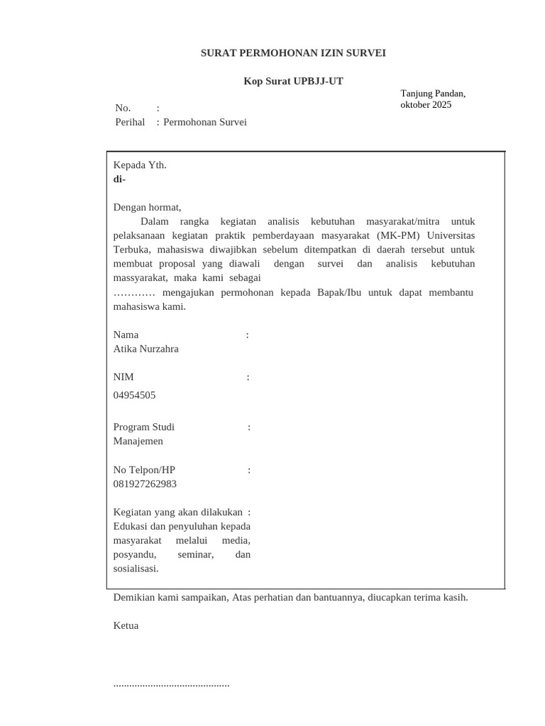 Surat Permohonan Izin Survei (Atika Nurzahra) | PDF
