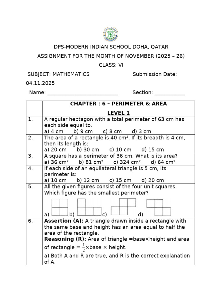 Grade 6 PERIMETER AND AREA NOVEMBER MONTH ASSIGNMENT 2025-26 | PDF ...