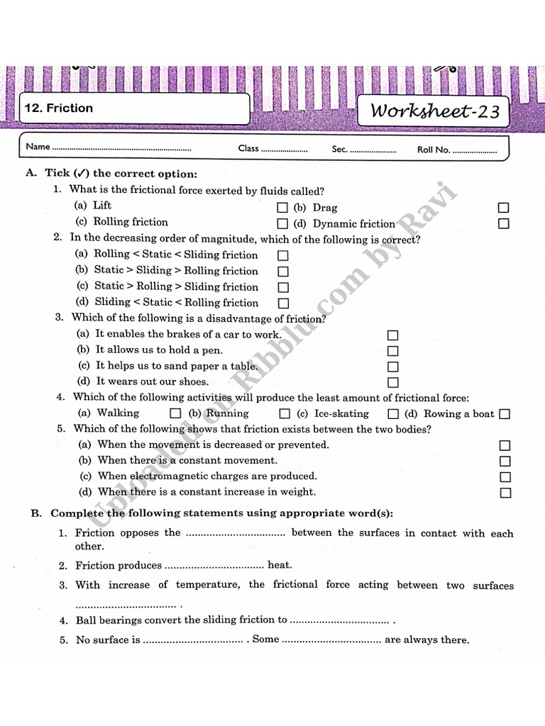 Friction Class 8 Extra Questions Science Chapter 12 | PDF
