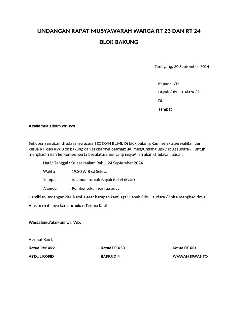 Undangan Rapat Musyawarah Warga Rt 23 Dan Rt 24 | PDF