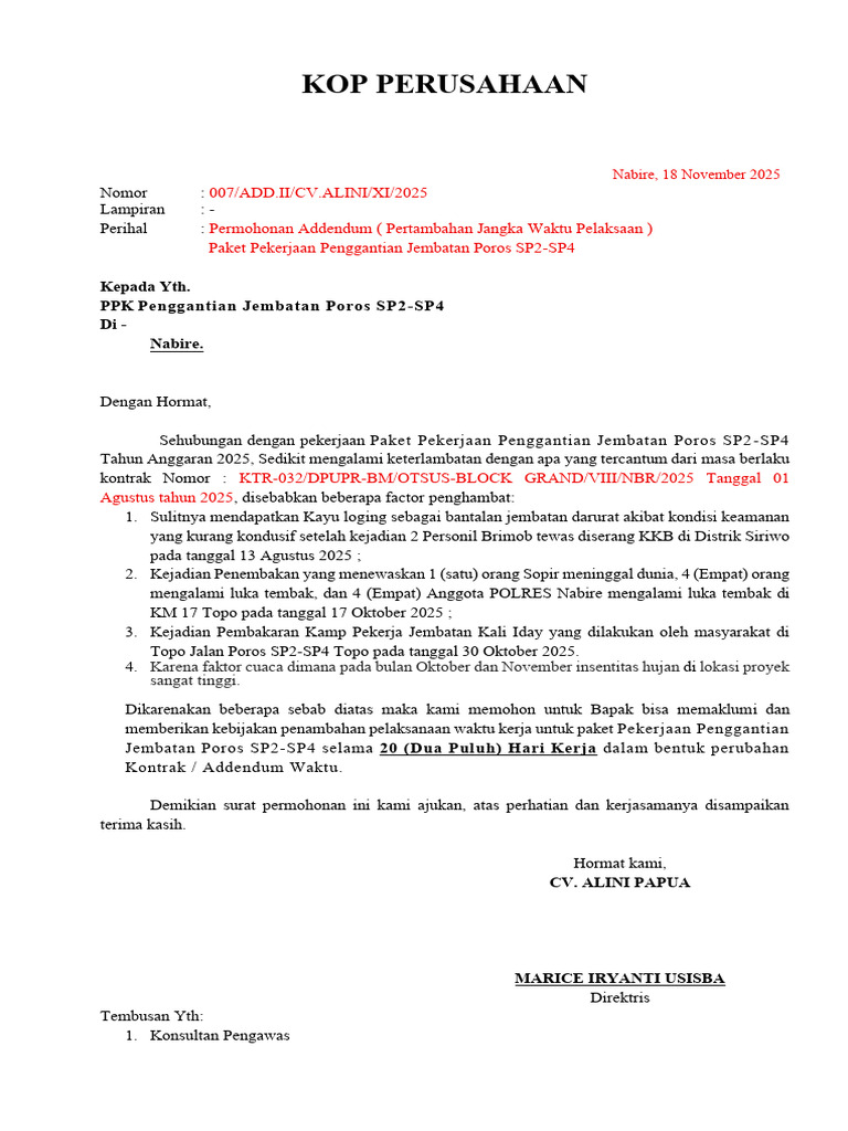 Surat Permohonan Addendum Waktu Sp2 Sp4 | PDF