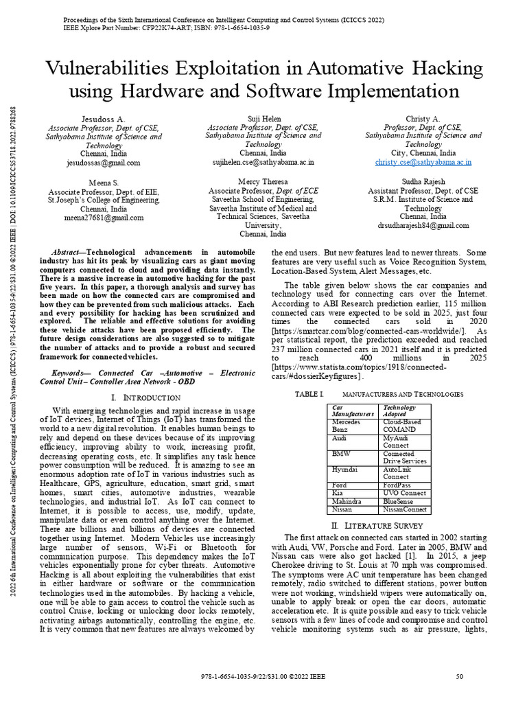Vulnerabilities Exploitation in Automative Hacking Using Hardware and ...