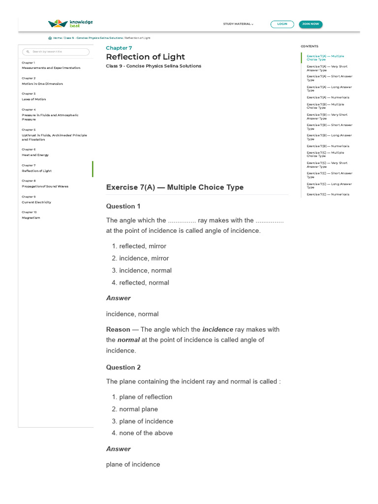 Class 9 Physics: Reflection of Light Solutions | PDF | Mirror ...