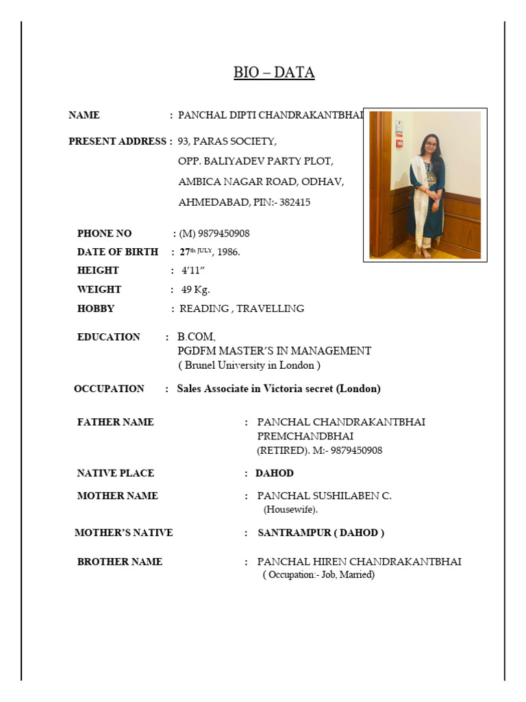 Personal Bio of Dipti Panchal | PDF
