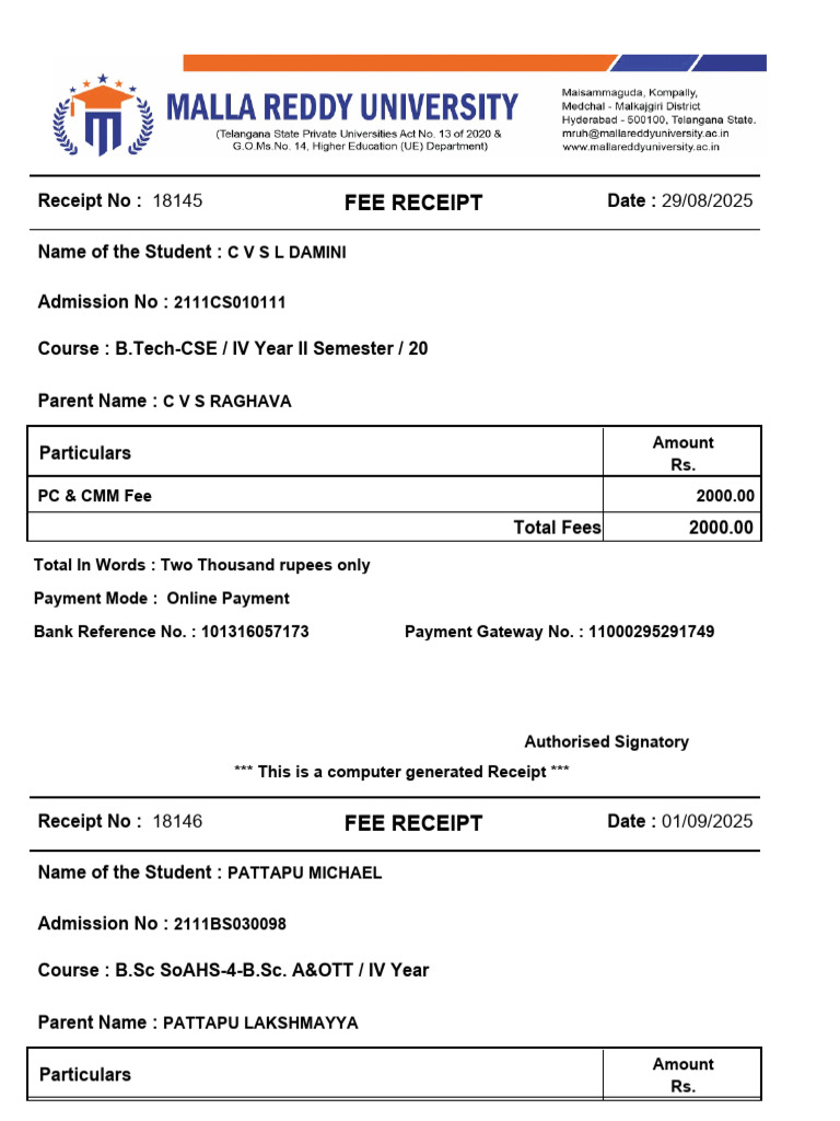 Student Fee Receipts 2025 | PDF | Payments | Services (Economics)