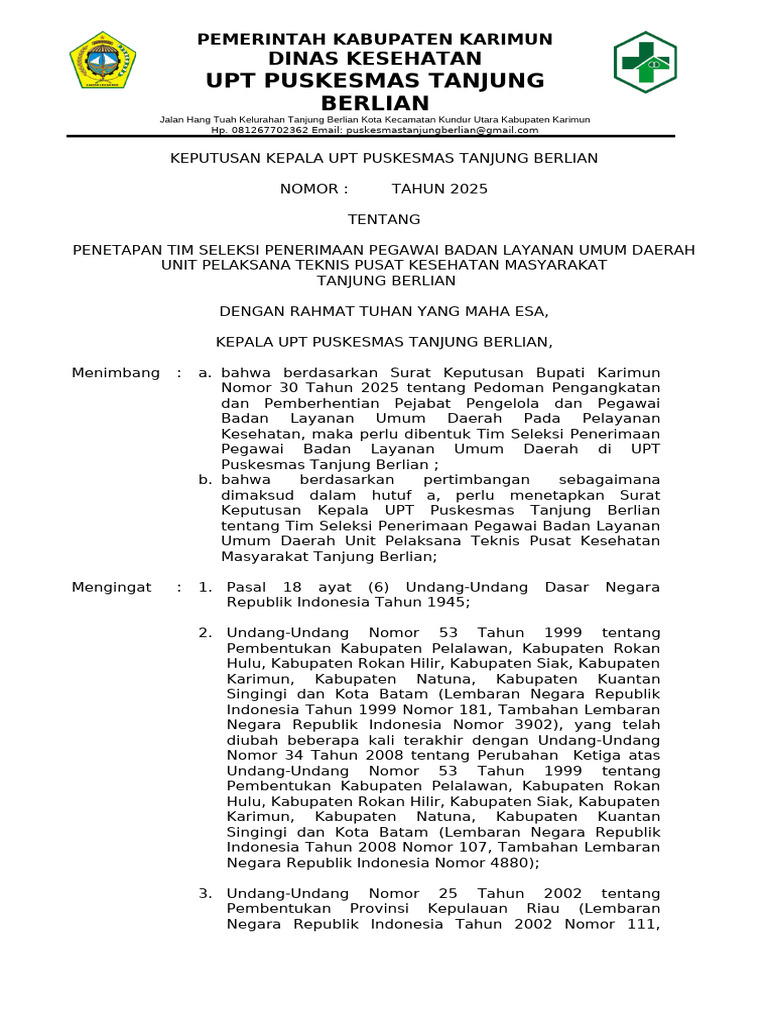 Sk Tim Seleksi Penerimaan Pegawai Blud (1) | PDF