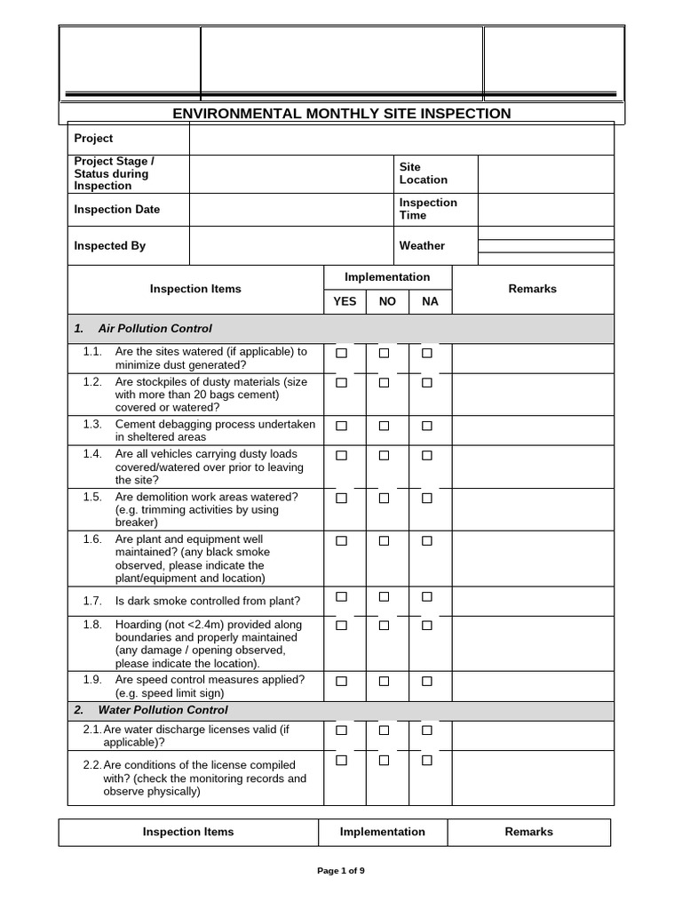 Environmental Site Inspection Checklist raw | PDF | Pollution ...