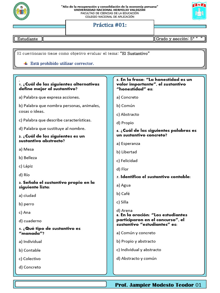 @formato de Práctica - El Sustantivo - Jampier Modesto Teodor | PDF ...