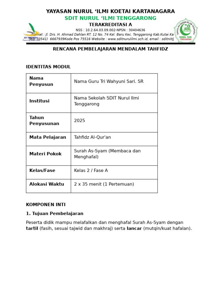 Rencana Pembelajaran Tahfidz Surah As-Syam | PDF