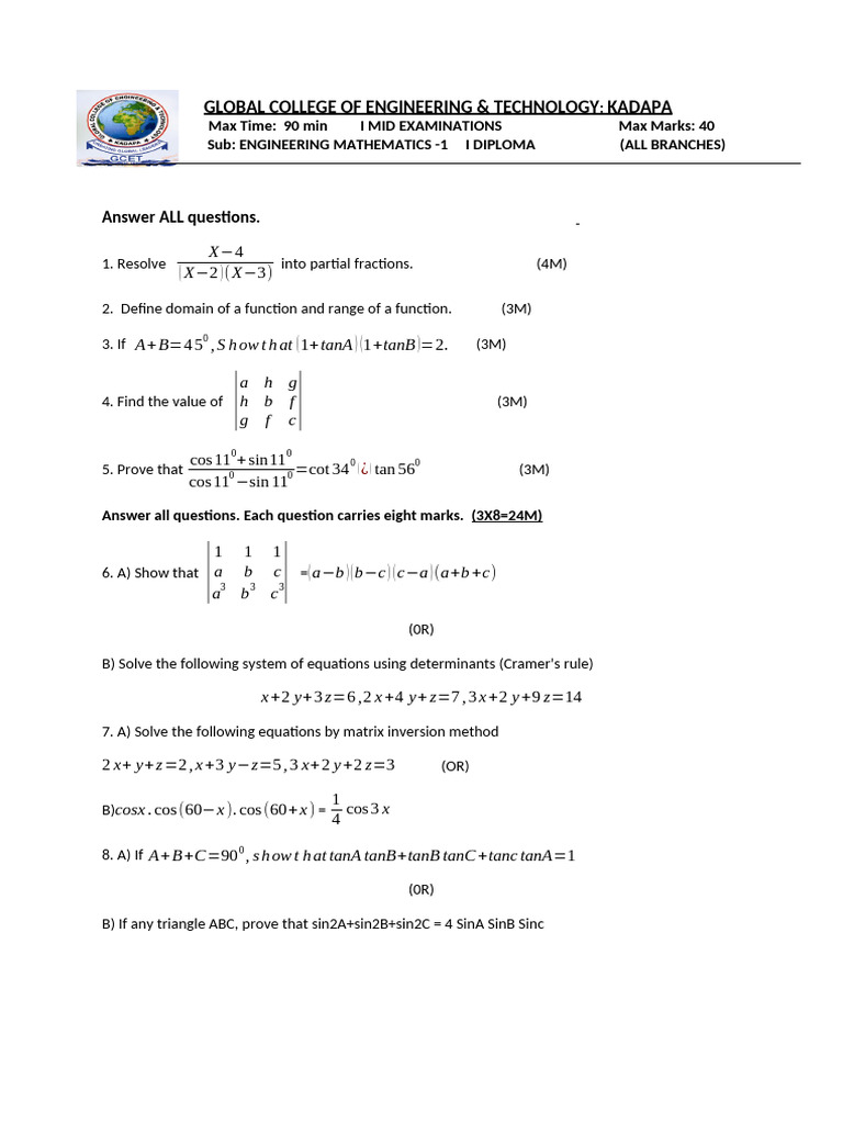 Maths I-Mid Question Papers I-Diploma | PDF
