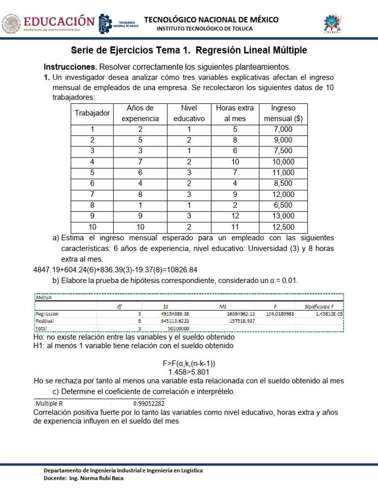 Serie de Ejercicios Tema 1. Regresión Lineal Múltiple Entrega | PDF | Regresión lineal ...