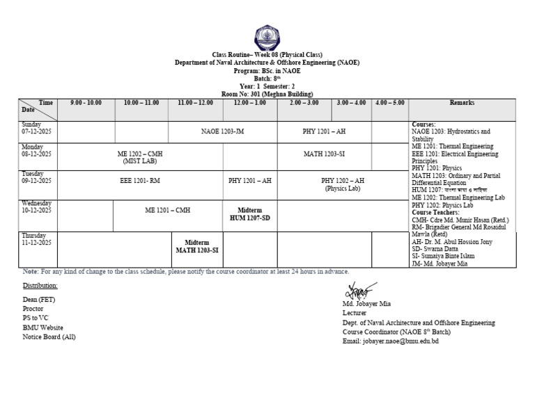 Class Routine (1_2)_WK08_NAOE (8th Batch) | PDF