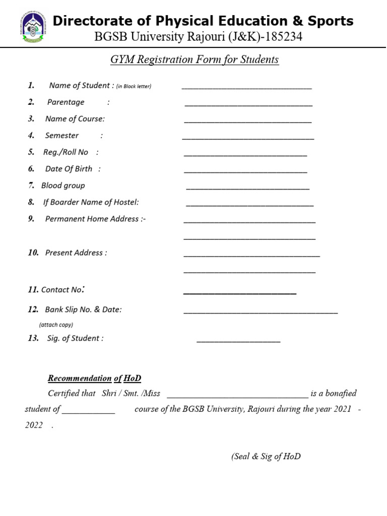 BGSB University Gym Registration Form | PDF