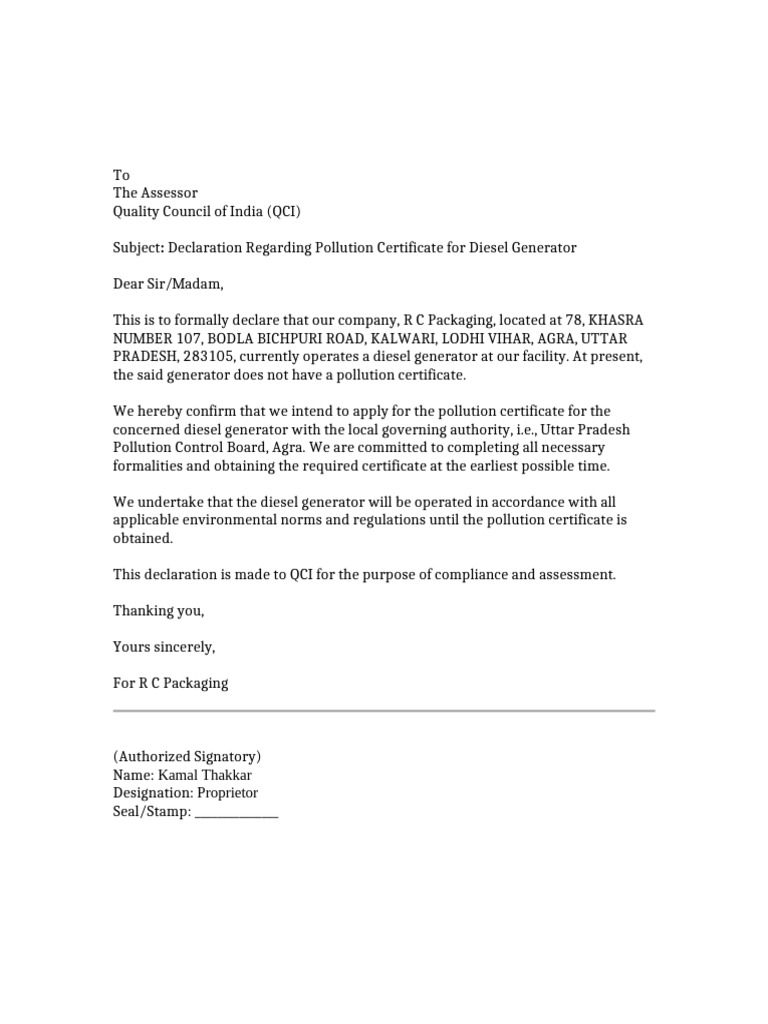 Pollution Control Declaration RC Packaging | PDF