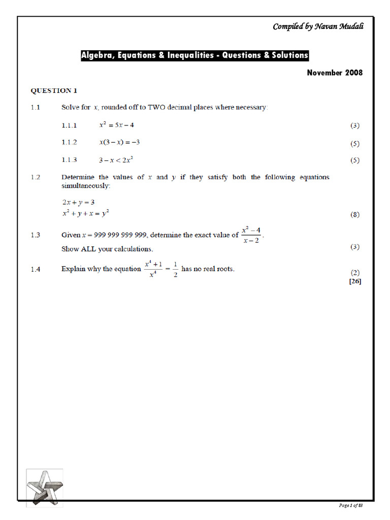 Algebra, Equations & Inequalities - Questions & Solutions: November ...