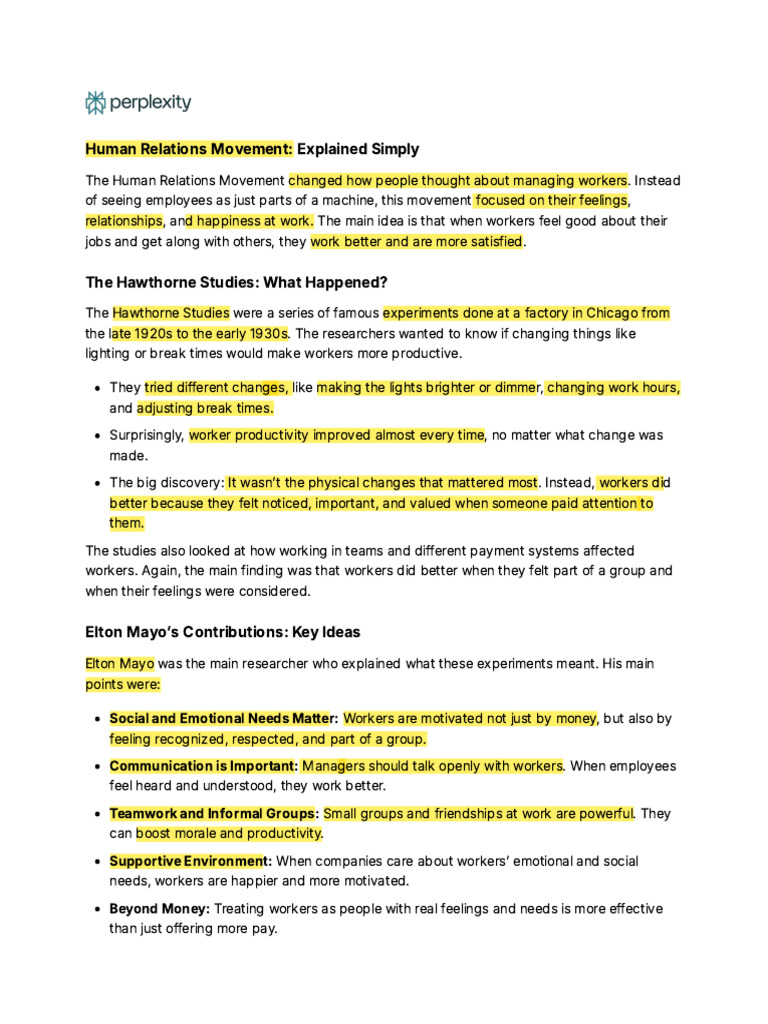 Human Relations Movement - Explained Simply | PDF