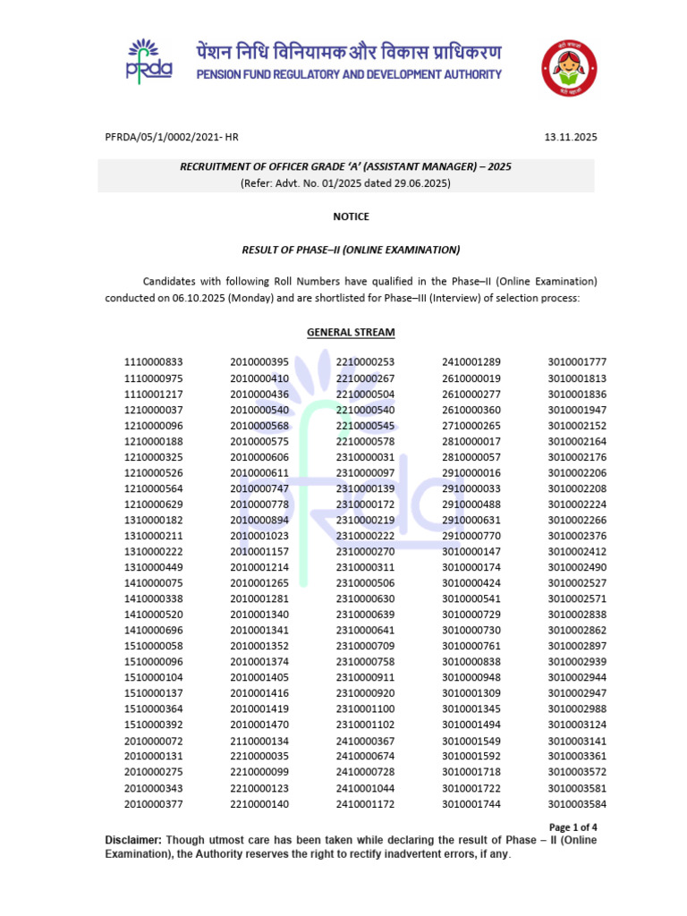 PFRDA Phase 2 Result Out | PDF