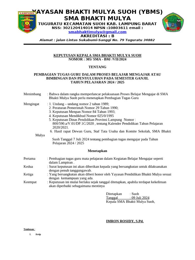 Sk Sma Pembagian Tugas 2024-2025 | PDF