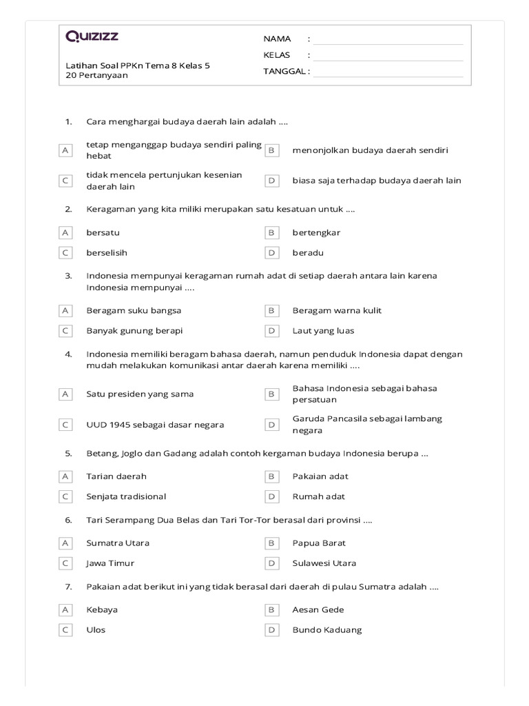 Latihan Soal PPKn Tema 8 Kelas 5 | PDF