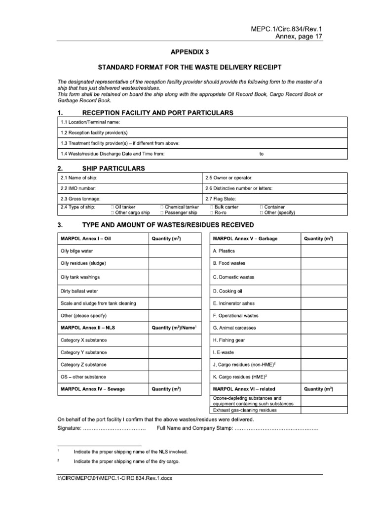 Standard Format For The Waste Delivery Receipt | PDF