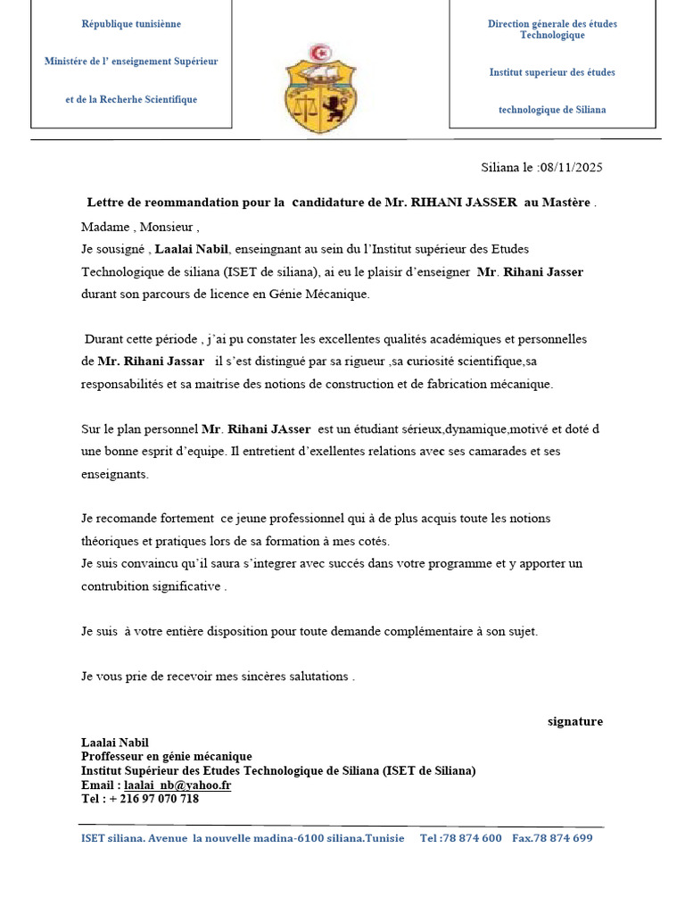 Lettre de recommandation pour Jasser Rihani | PDF