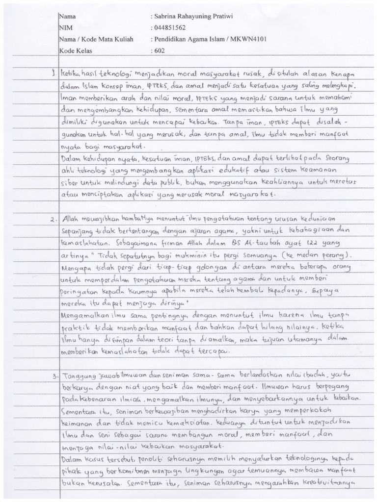 Tugas 3 Pendidikan Agama Islam - Sabrina 044851562 | PDF
