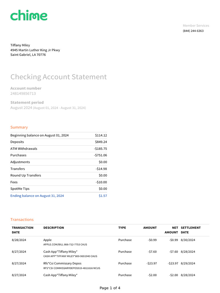 Chime Checking Statement August 2024 | PDF | Debit Card | Visa Inc.