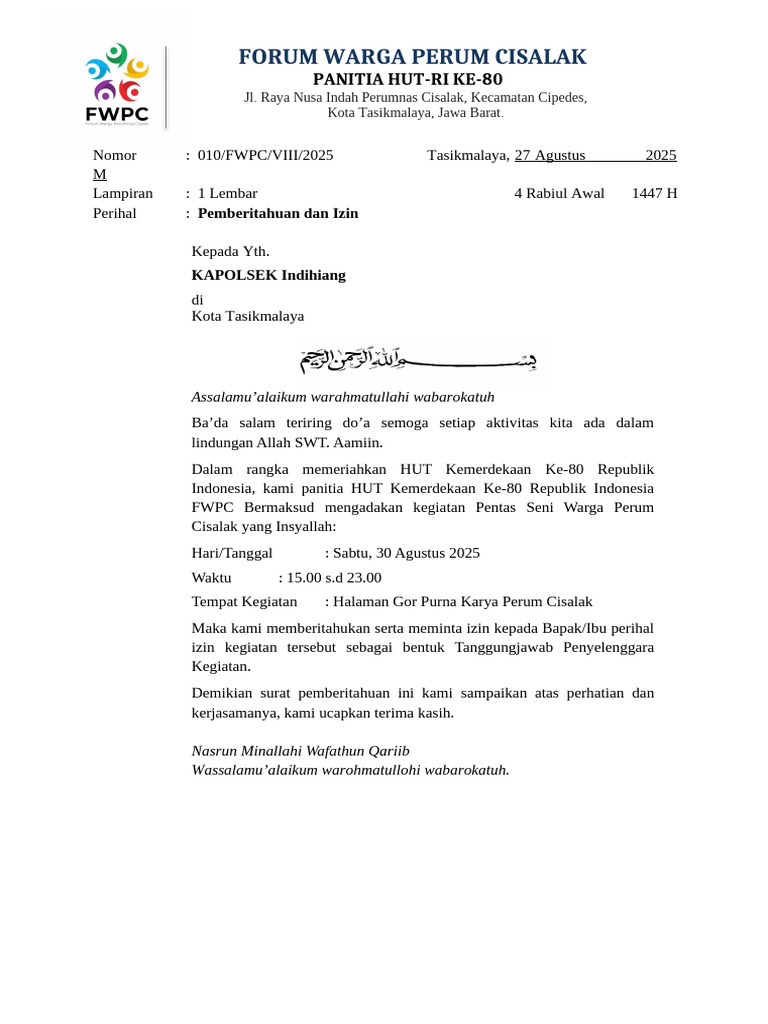 010 Surat Pemberitahuan Dan Izin Kegiatan | PDF