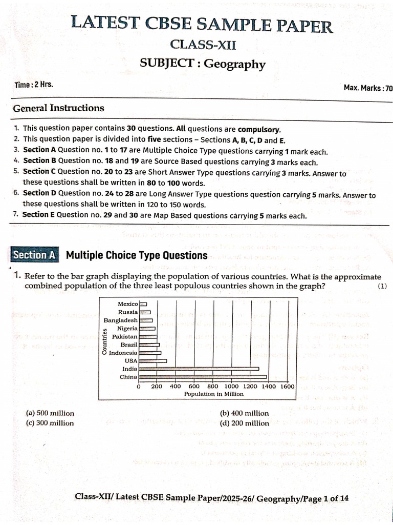 Sample Paper 1 Geography 2025-26 | PDF