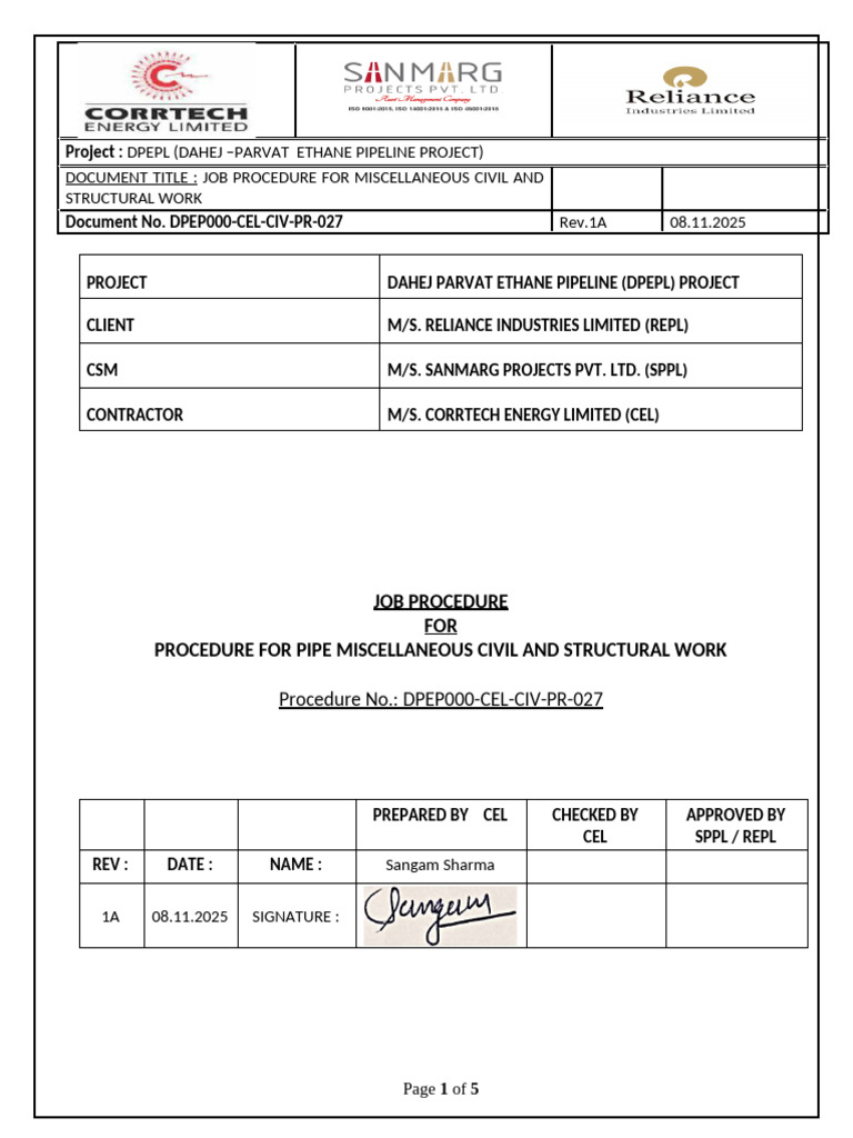 DPEPL Civil & Structural Work Procedure | PDF | Pipe (Fluid Conveyance ...