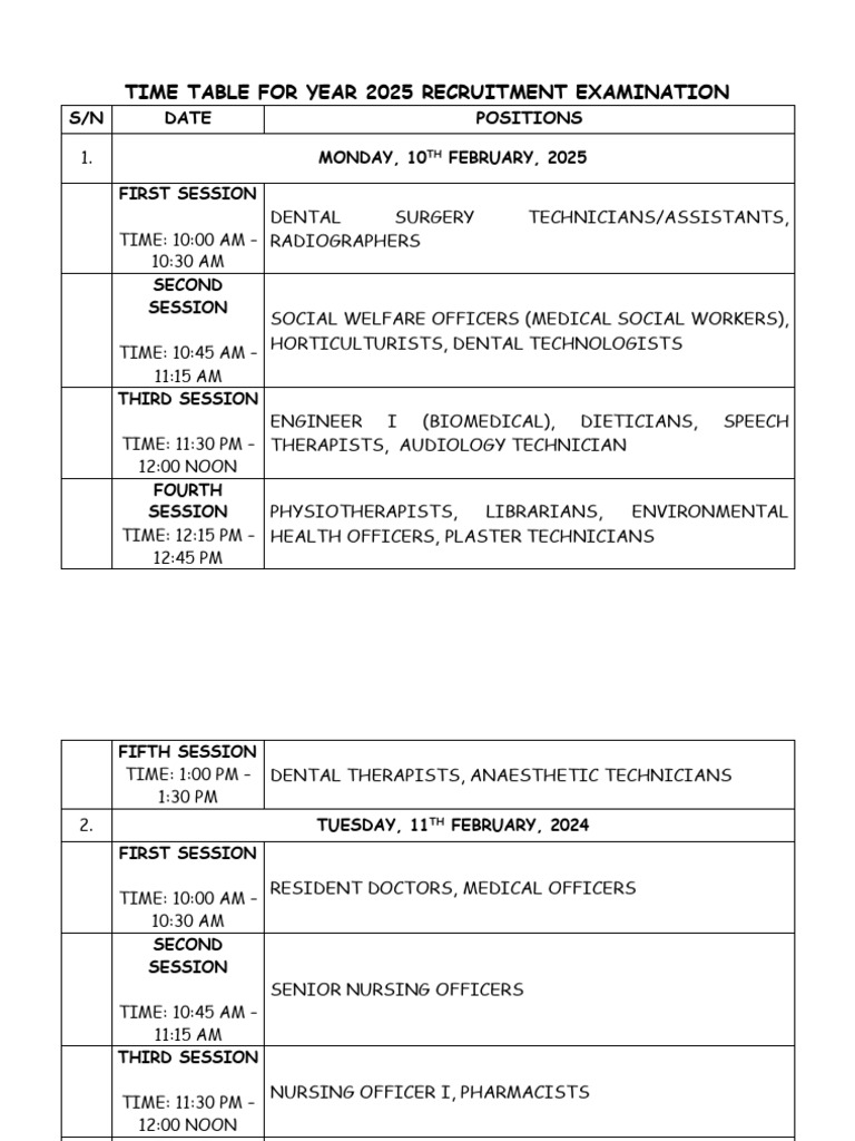 Time Table for Year 2025 Recruitment Examination 2 | PDF