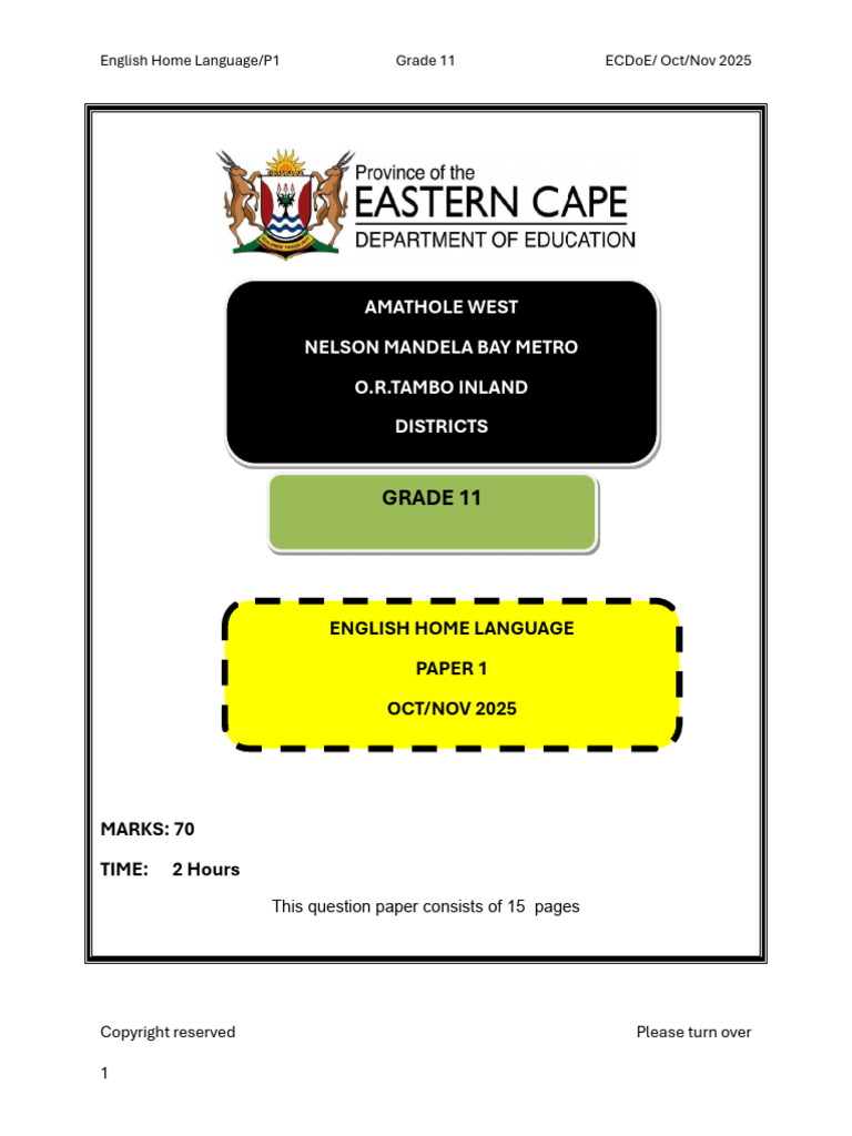 Grade 11 English Home Language Exam | PDF | Cost Of Living | Academic ...