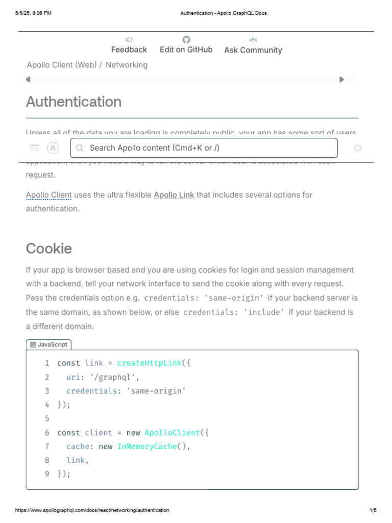 Authentication - Apollo GraphQL Docs | PDF | Http Cookie | Software ...