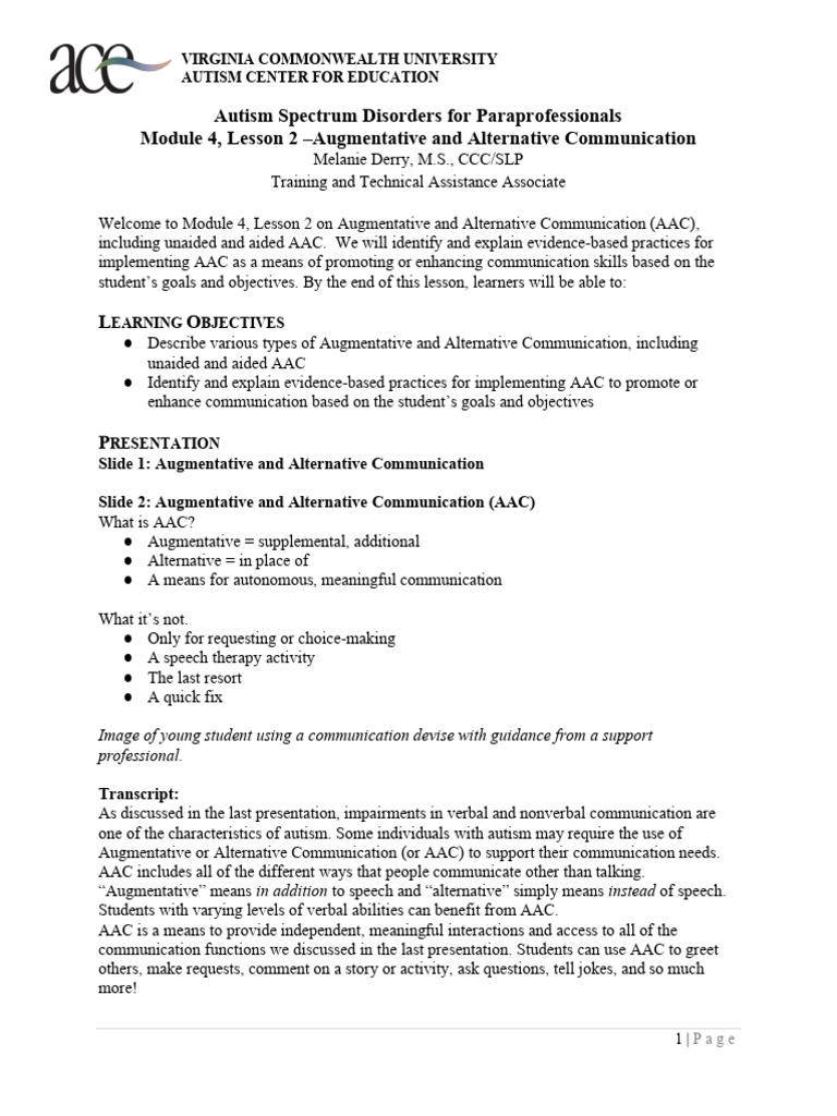 Transcript & Slides ASD For Paraprofessionals, Module 4, Lesson 2, AAC ...