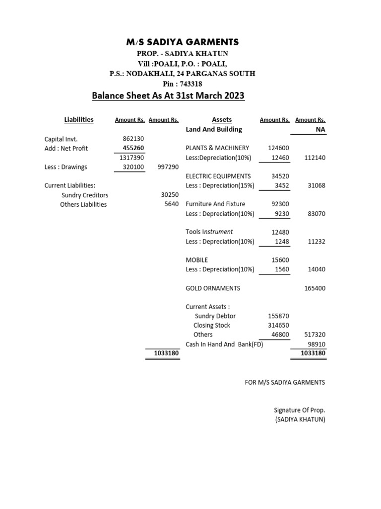Pl and Balance Sheet | PDF | Depreciation | Balance Sheet