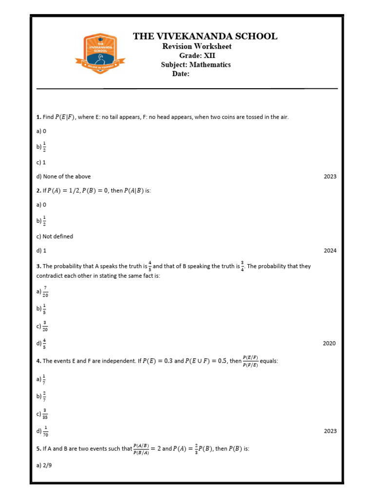 Grade XII Mathematics Revision Worksheet | PDF | Equations | Tangent